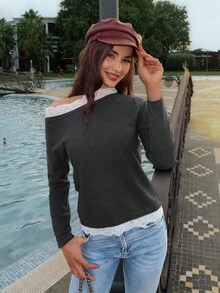 Vivie Lora Suéter gris de mujer con cintura ceñida y parches de encaje ...