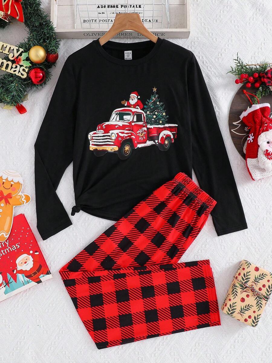 SHEIN Tween Boy Christmas Theme Santa Claus & Plaid Pattern Casual ...