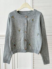 Modelyn 女性用カジュアルルーズ刺繍カーディガン、長袖、ラウンドネック、秋 | SHEIN JAPAN