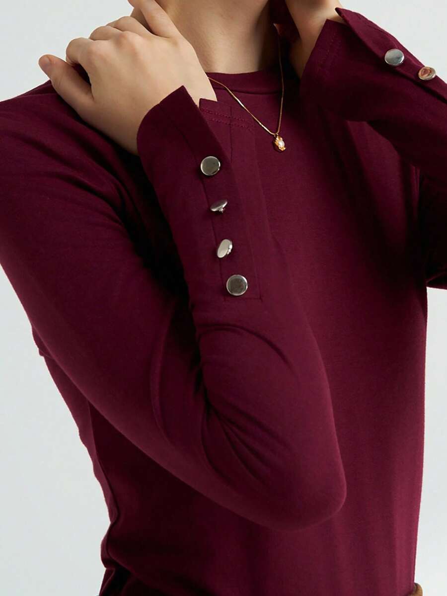 Airaco Camiseta Slim Fit Casual Feminina de Cor Sólida, Outono | SHEIN ...