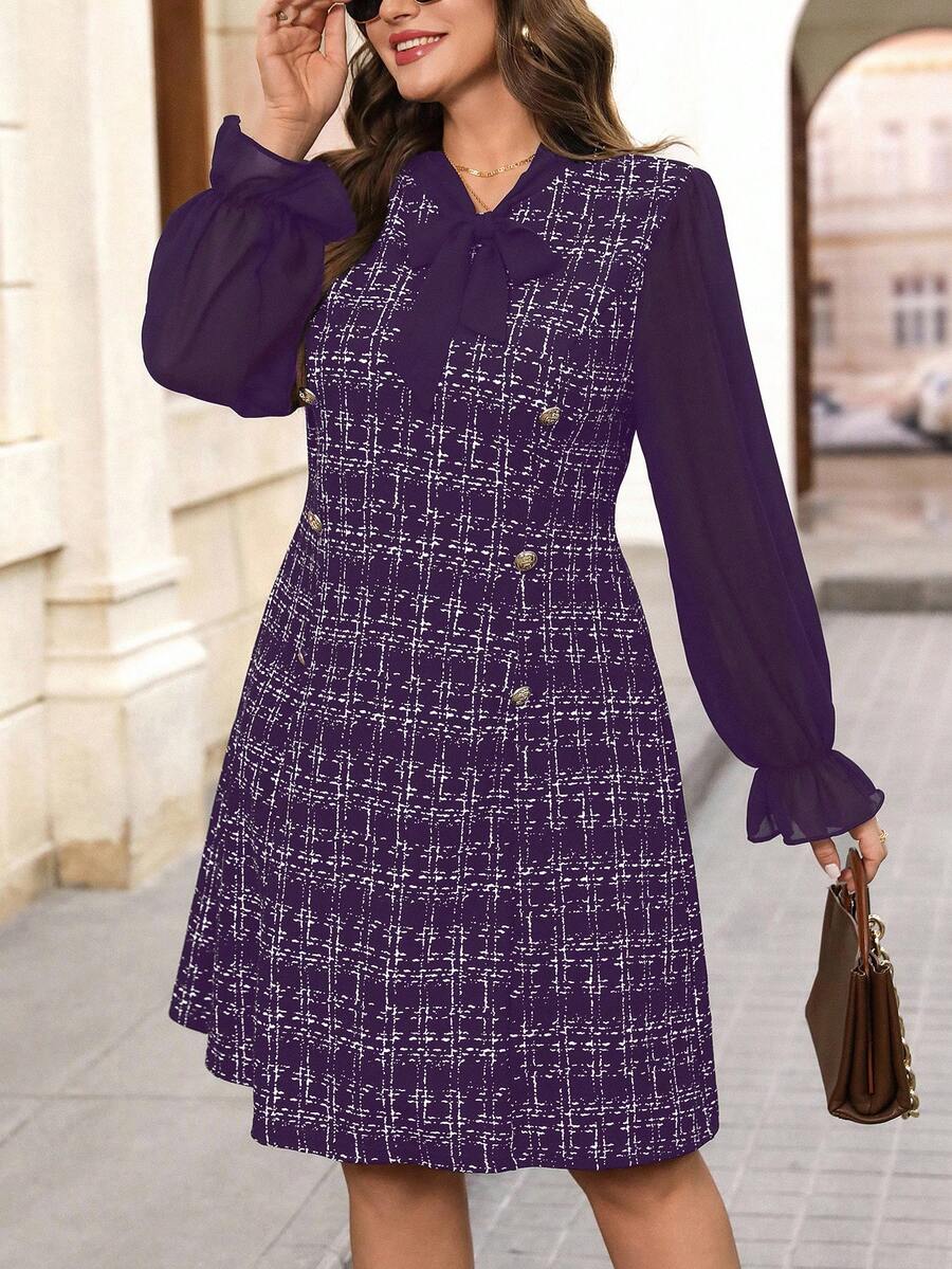 SHEIN Clasi Plus Size Elegant Plaid Patchwork Midi Dress, Suitable For ...