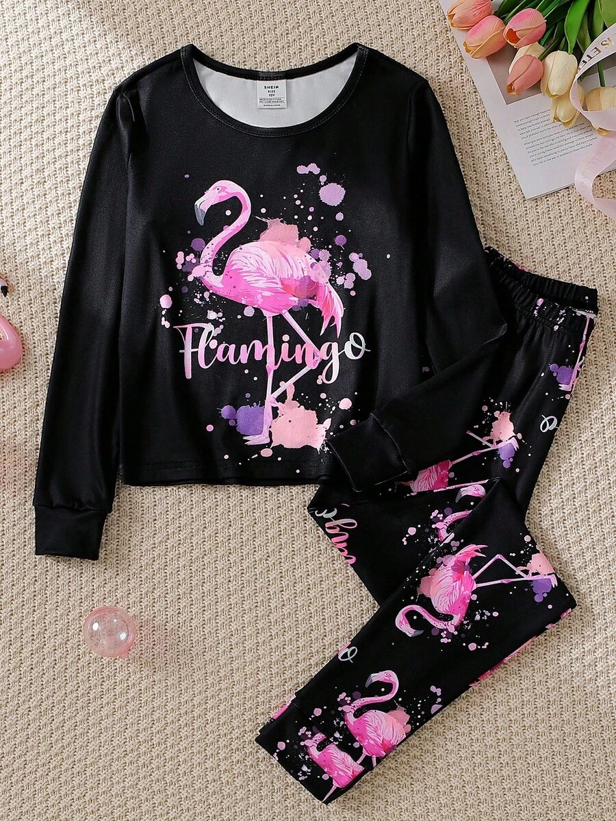 Set pigiama da ragazza con maglietta a maniche lunghe e leggings a stampa fenicottero che ...