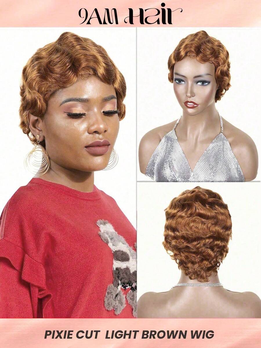 Pixie snit Kort Krullen Pruik van echt haar Met froefroe Licht Bruin ...