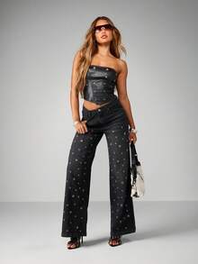 MISSGUIDED Weite Jeans mit hoher Taille, Metalleyelets, Festival Grunge ...