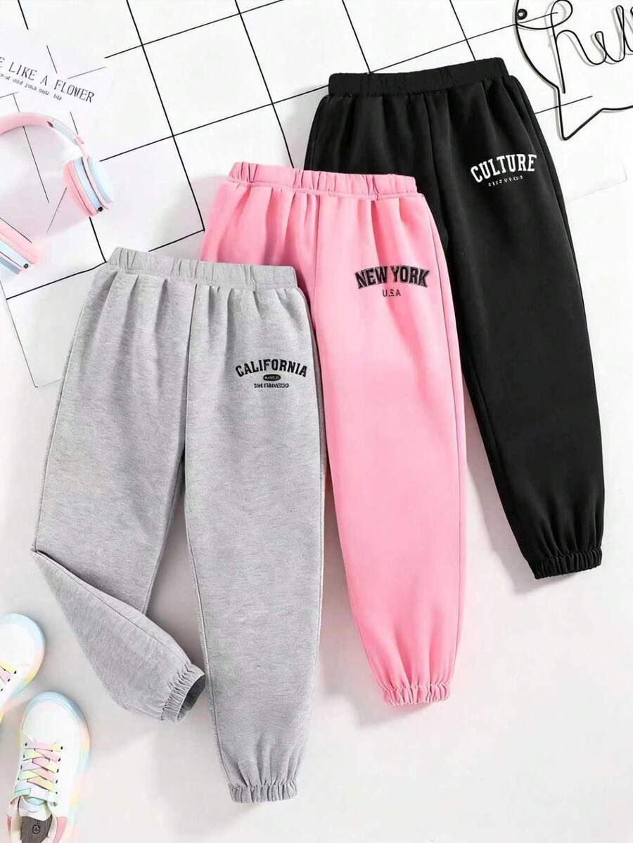 3pcs/Set Tween Girls Casual Versatile Letter Print Fleece Sweatpants ...