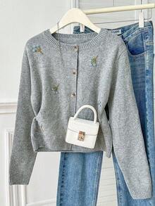 Modelyn 女性用カジュアルルーズ刺繍カーディガン、長袖、ラウンドネック、秋 | SHEIN JAPAN