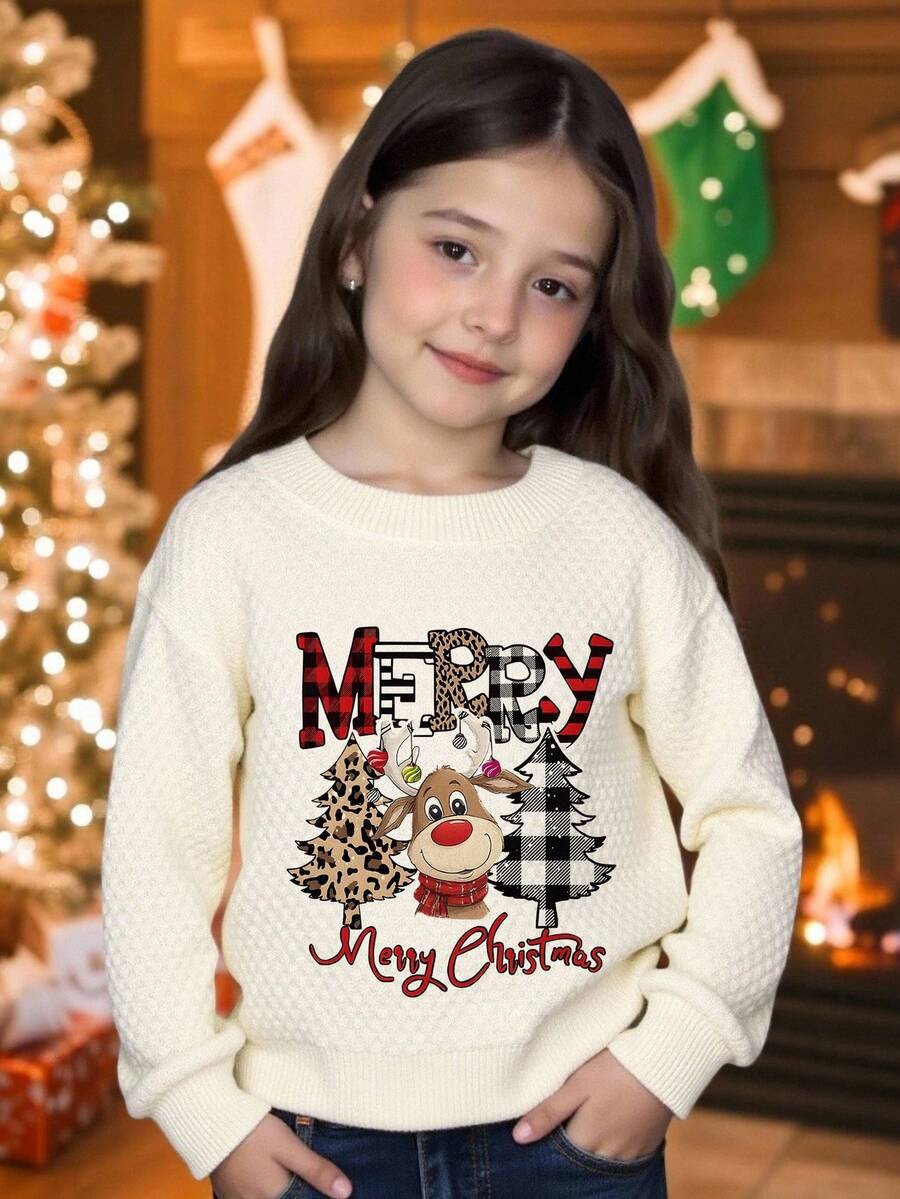1pc Tween Girl Christmas Casual Vintage Merry Christmas Cute Deer ...