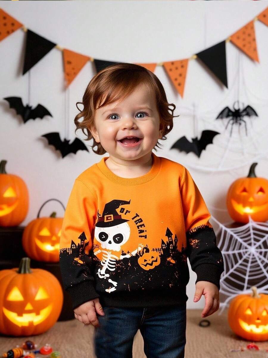SHEIN Playful Pals Infant/Toddler Boys' Halloween Themed Skull, Witch Hat, Pumpkin Print Crew ...