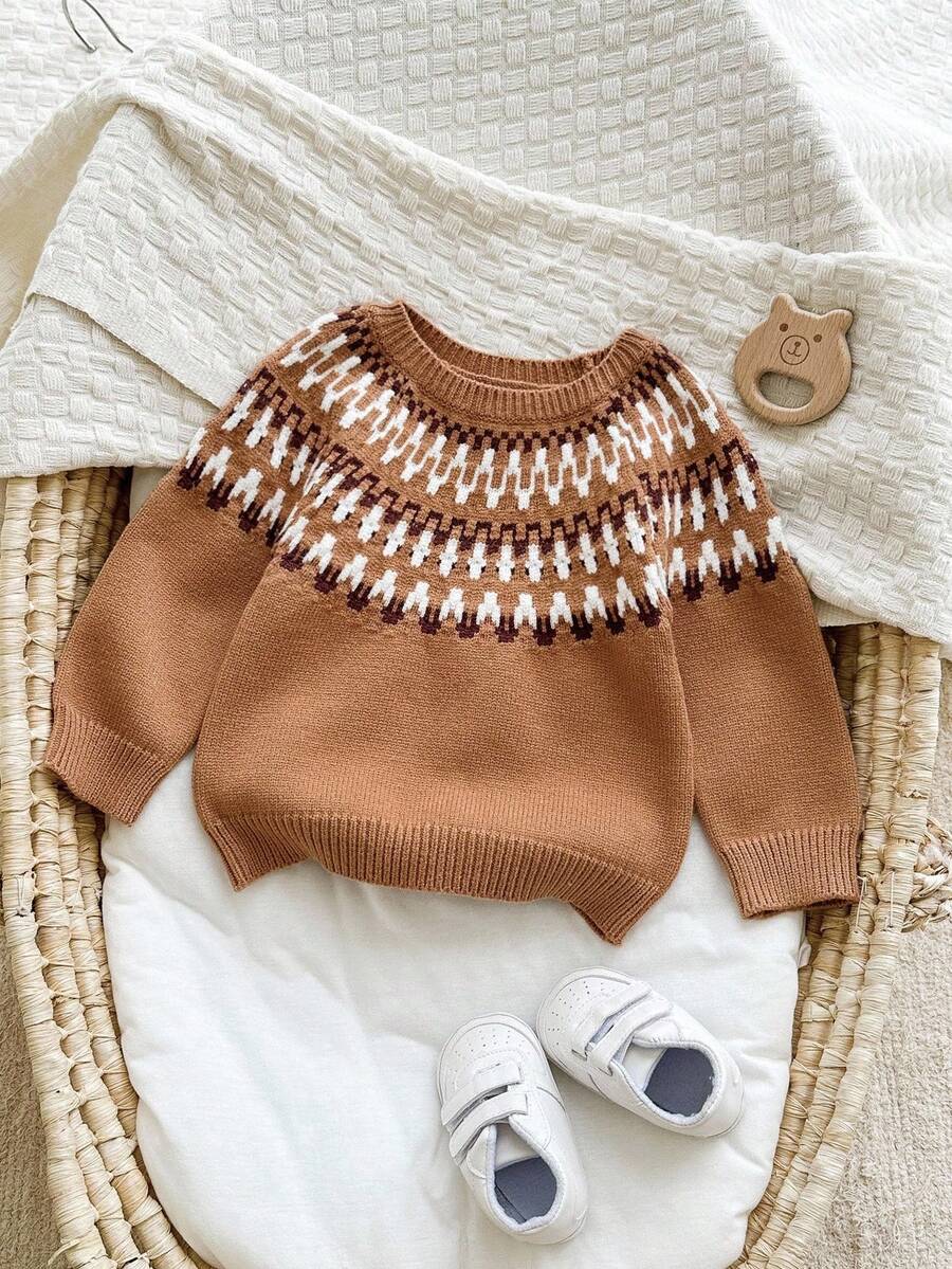 SHEIN Unisex Baby Khaki & Coffee Fair Isle Knit Sweater, Cute Casual ...
