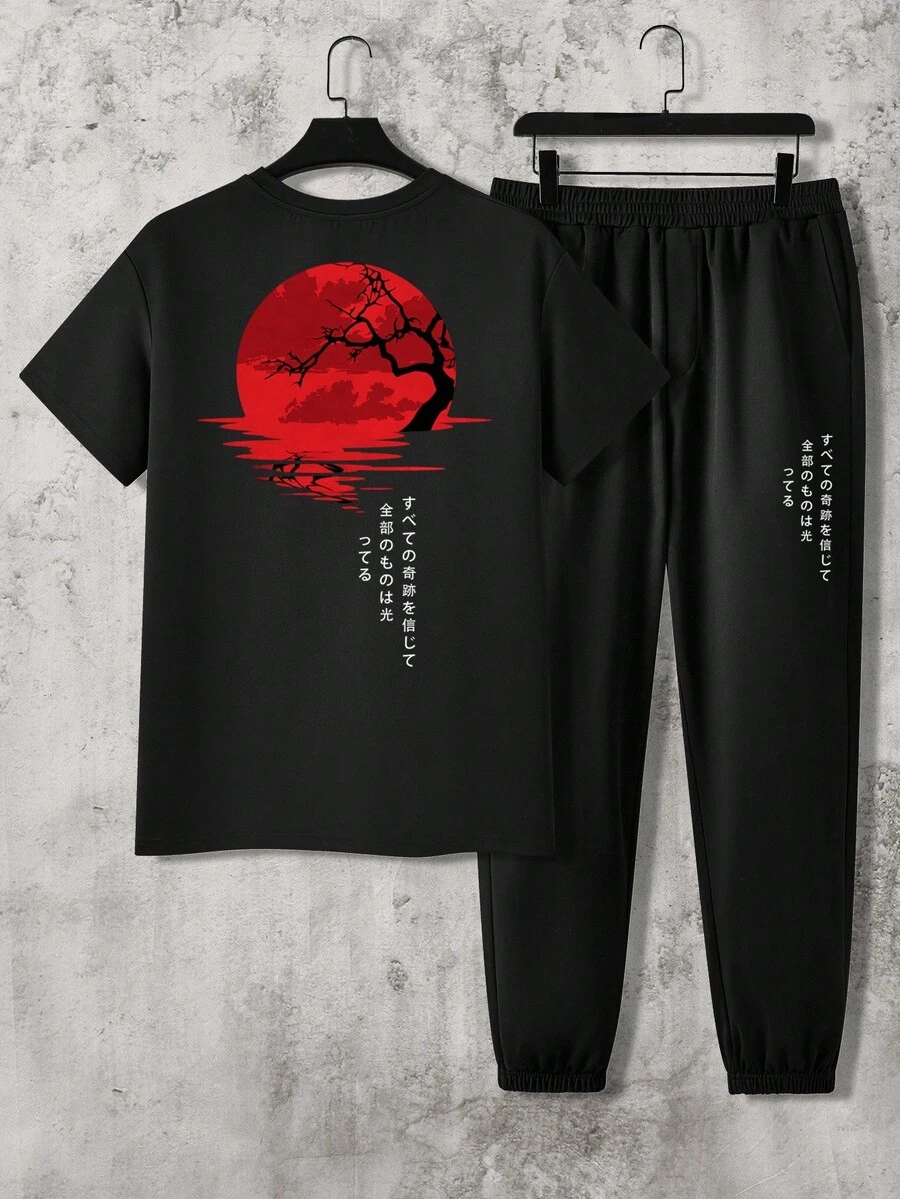 Manfinity Homme Japanese Style Red Sunset Japanese Font Graphic Casual ...