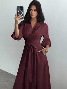 Firerie Rose Red Elegant Modest Long Sleeve Tie Waist Umbrella Dress ...