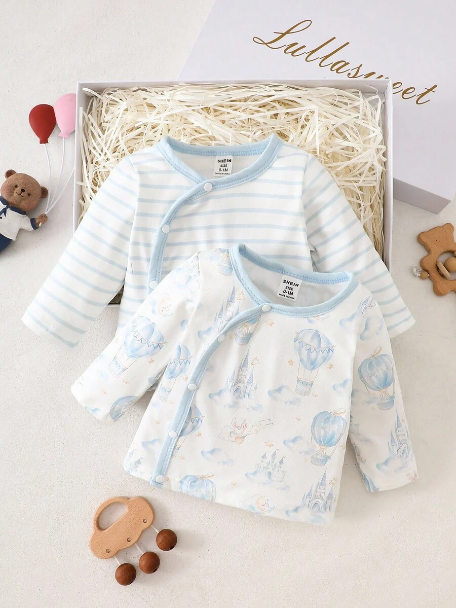 SHEIN Newborn Baby Boy White Printed Pattern Open Top 2 Pieces Set With ...