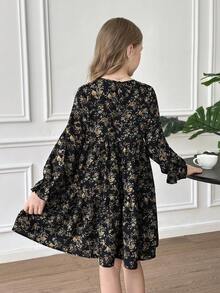 SHEIN Tween Girls' Dusty Floral Print Flounce Sleeve Ruffle Hem Dress ...