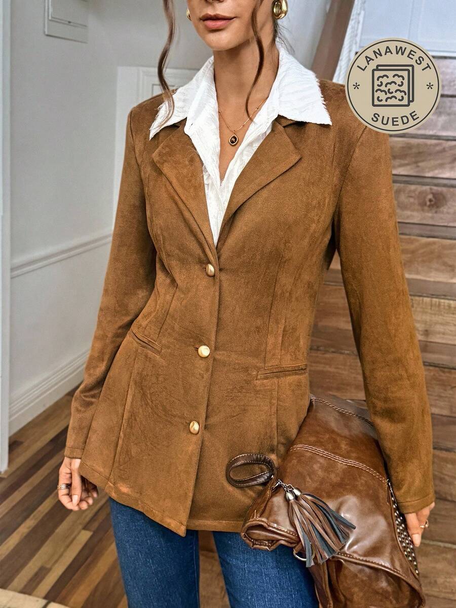LanaWest Blazer de ante, botón metálico asimétrico, color camello ...