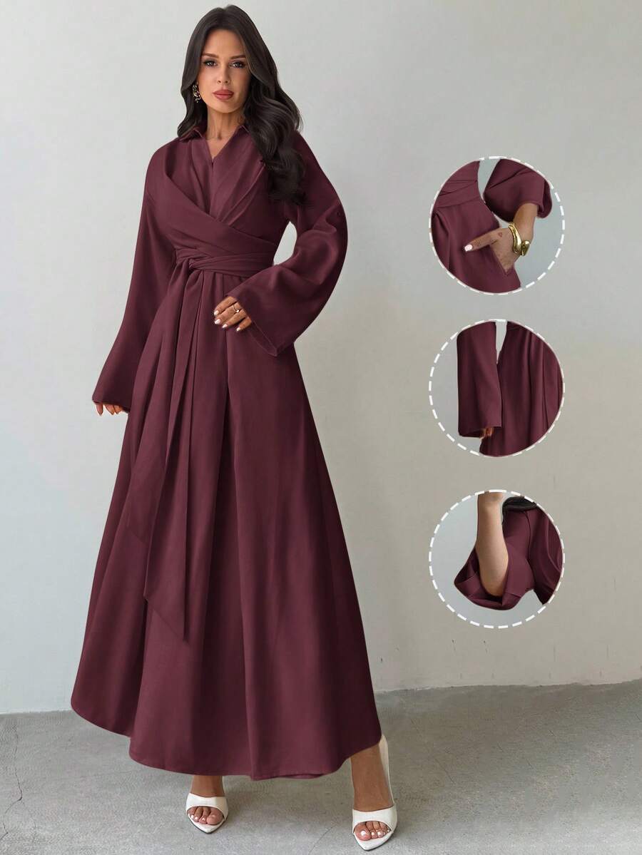 Firerie Rose Red Elegant Modest Long Sleeve Tie Waist Umbrella Dress ...