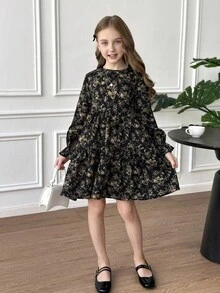 SHEIN Tween Girls' Dusty Floral Print Flounce Sleeve Ruffle Hem Dress ...