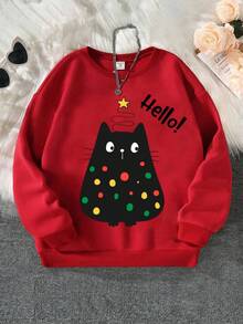 Young Girl Casual Cartoon Print Long Sleeve Crew Neck Fleece Sweatshirt ...
