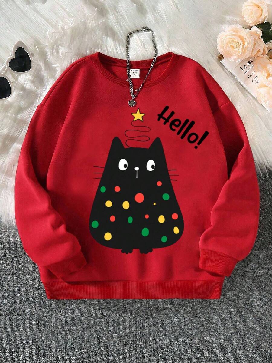 Young Girl Casual Cartoon Print Long Sleeve Crew Neck Fleece Sweatshirt ...
