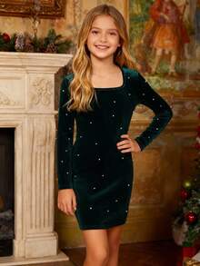 Pitira Tween Girl Solid Emerald Green Square Neck Christmas Party ...