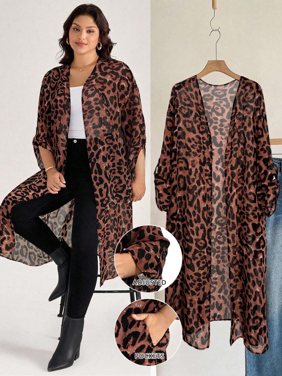 Comfylo Kimono largo de mujer talla grande con estampado de leopardo ...