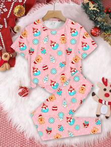 SHEIN Tween Girls' Casual Christmas Themed Snug Fit Short Sleeve Crew ...