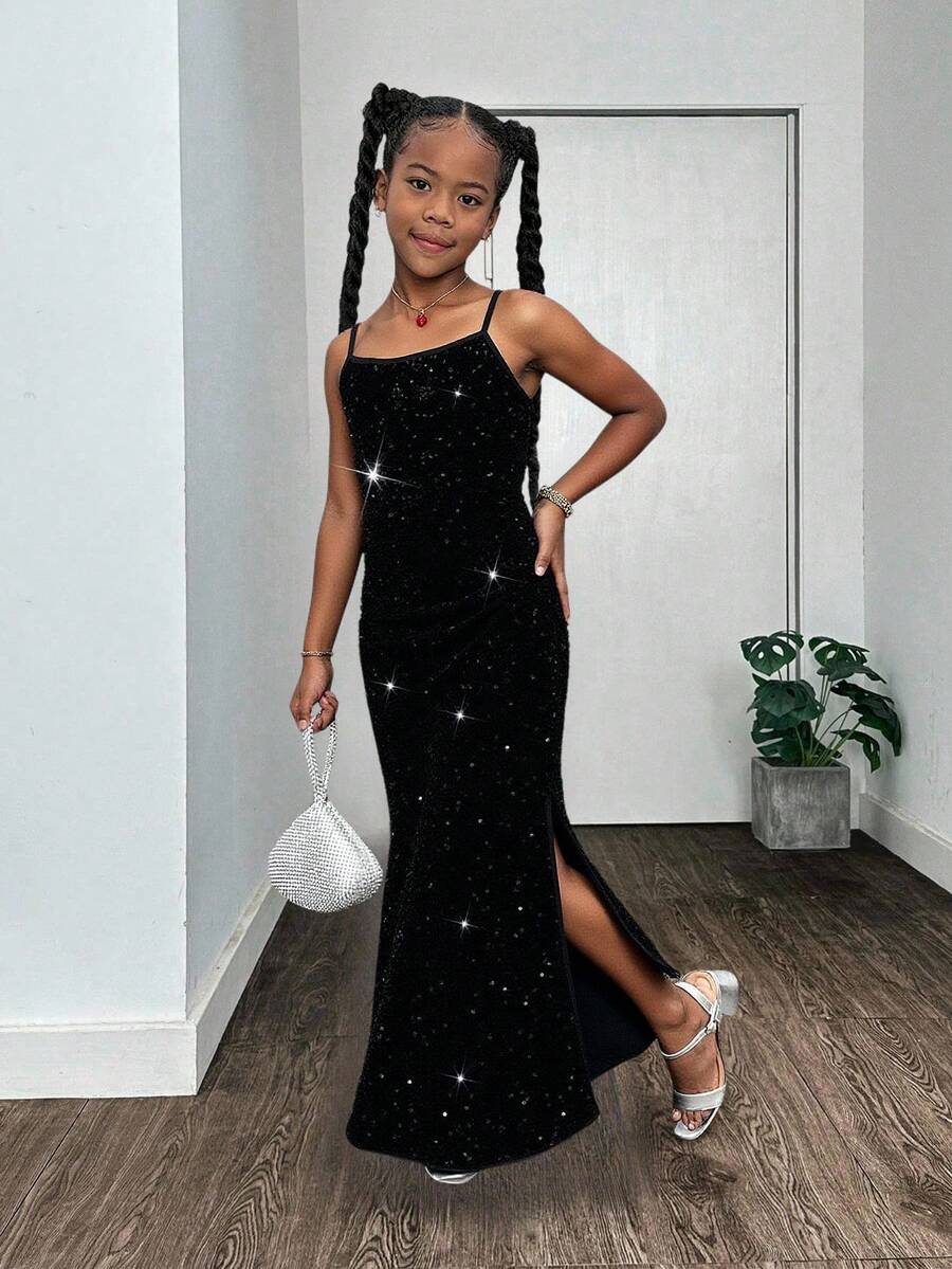 Tween Girl Black Spaghetti Strap Sequin Dress With Side Slit, For ...