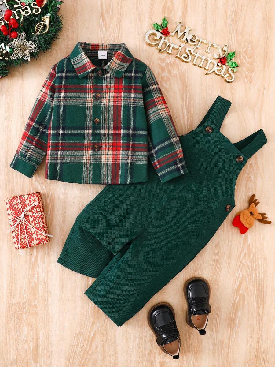 2pcs/Set Toddler Boys' Christmas Plaid Button-Front Shirt And ...