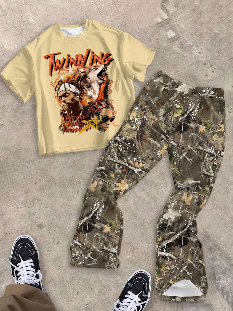 SHEIN Bolty 2pcs Tween Boys Crew Neck T-Shirt And Flare Pants Casual ...