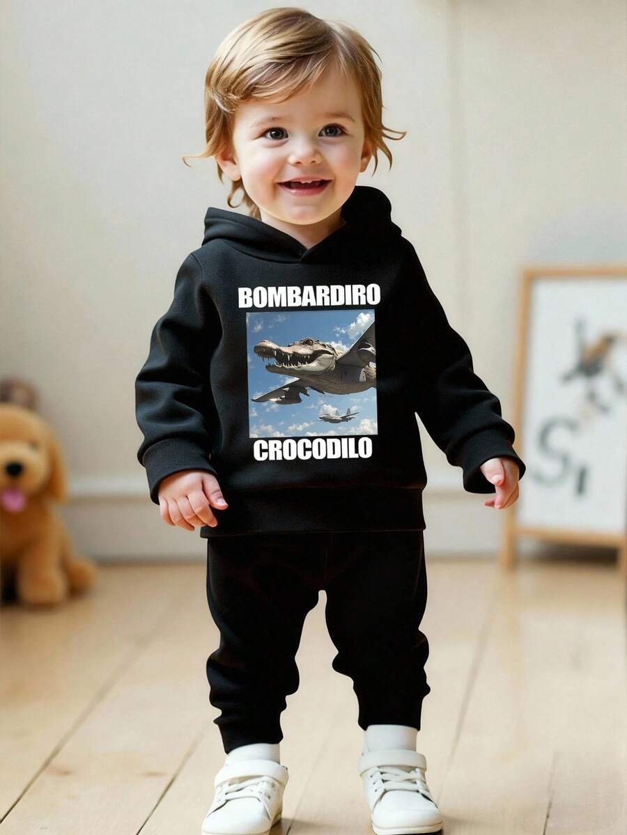 2pcs/Set Baby Boy Black Hoodie Sweatshirt & Pants Set, Crocodile ...