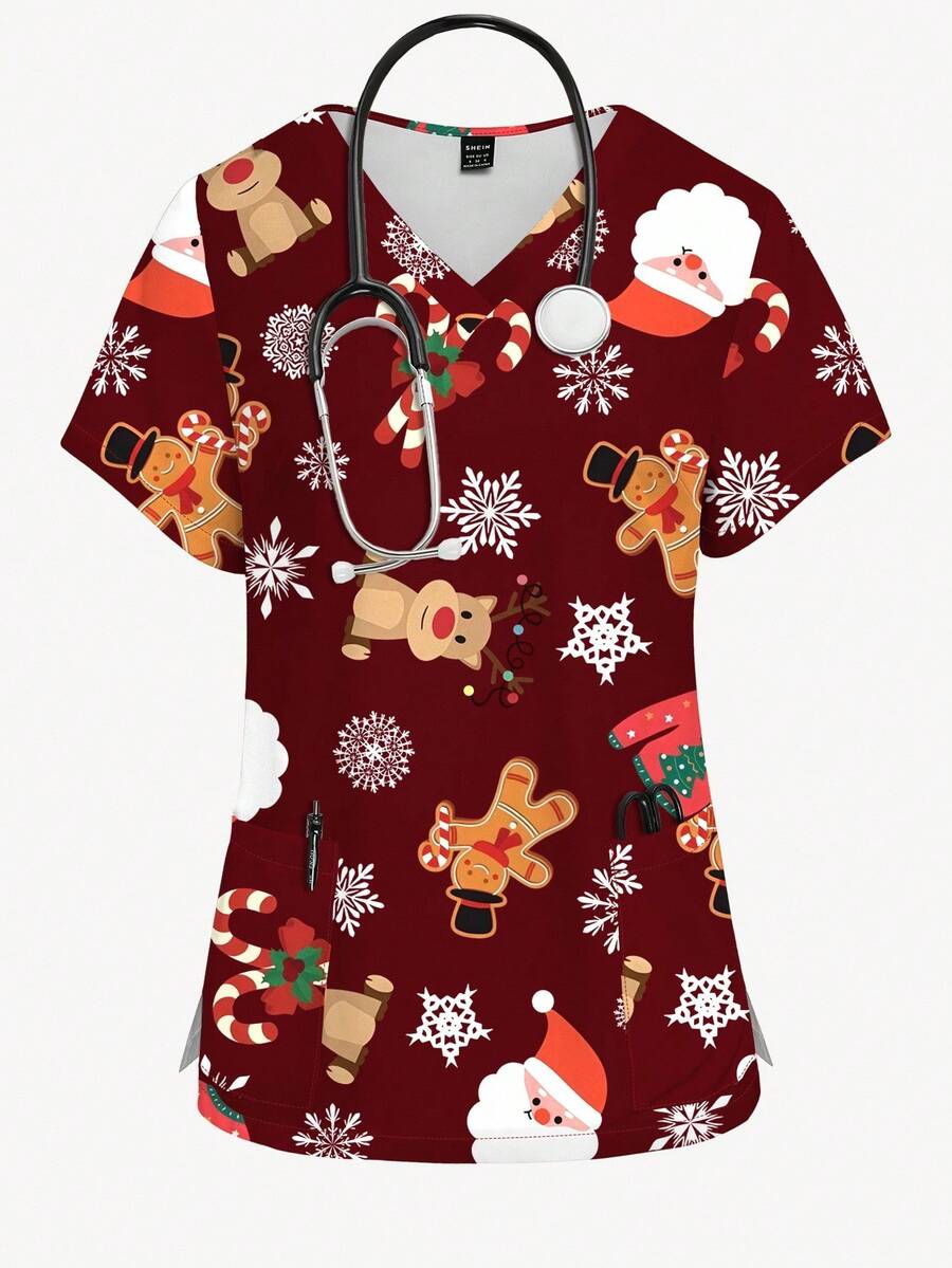 PopScrub Women's Fashion V-Neck Short Sleeve Scrub Top With Cartoon ...