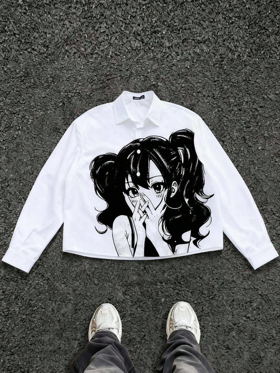 Manfinity EMRG Men's Anime Character Print Long Sleeve Cropped Shirt ...