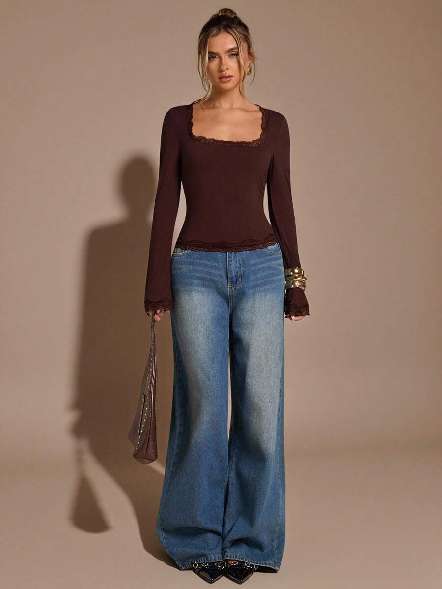 SHEIN BAE Blusa con colletto quadrato e maniche lunghe in tinta unita ...