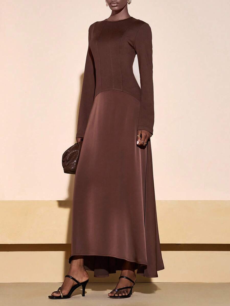 Zivah Women's Dark Brown Satin Splice Long Sleeve A-Line Maxi Dress ...