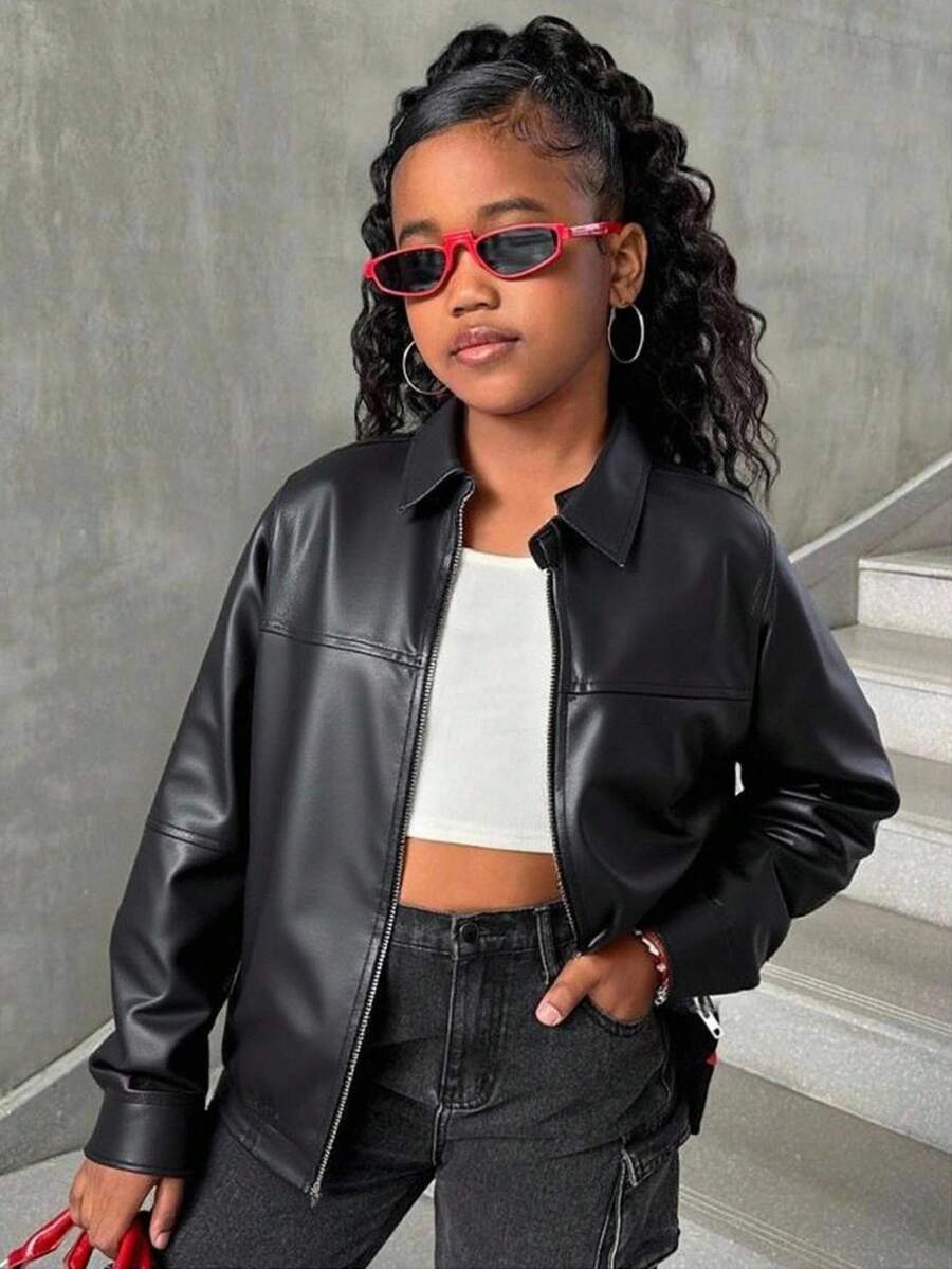 SHEIN Tween Girl Black Edgy Biker Casual Loose Long Sleeve Leather ...