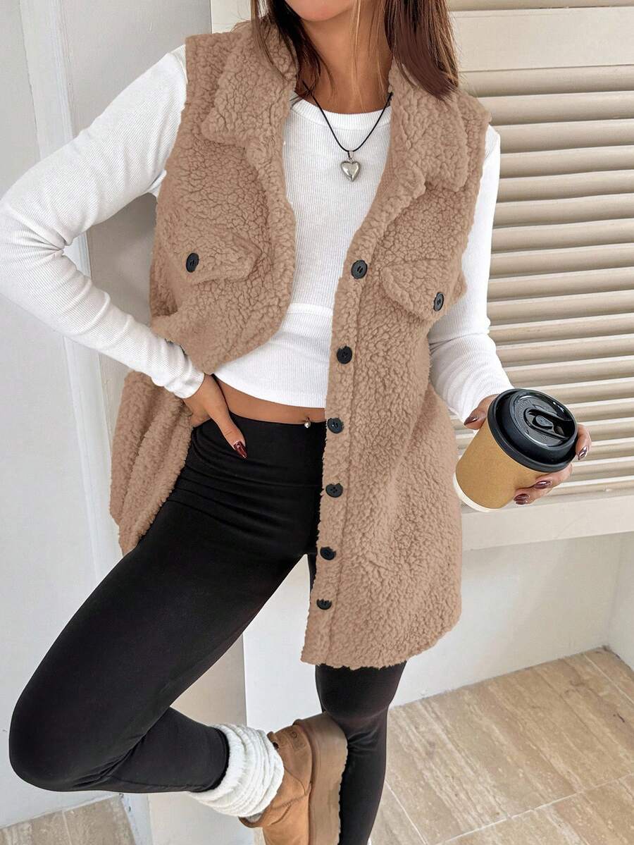 SHEIN EZwear 1pc Women Solid Color Button Front Sleeveless Pocket ...