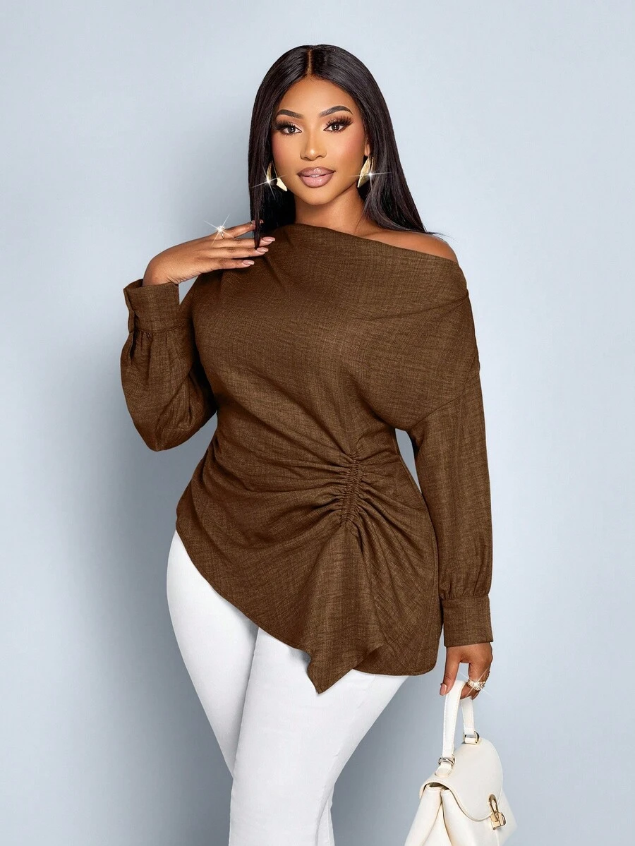 Women's Plus Size Fall And Winter Solid Color Asymmetric Collar Long ...