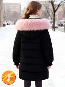 Tween Girls Faux Fur Contrast Pocket Hooded Mid-Length Padded Coat With ...