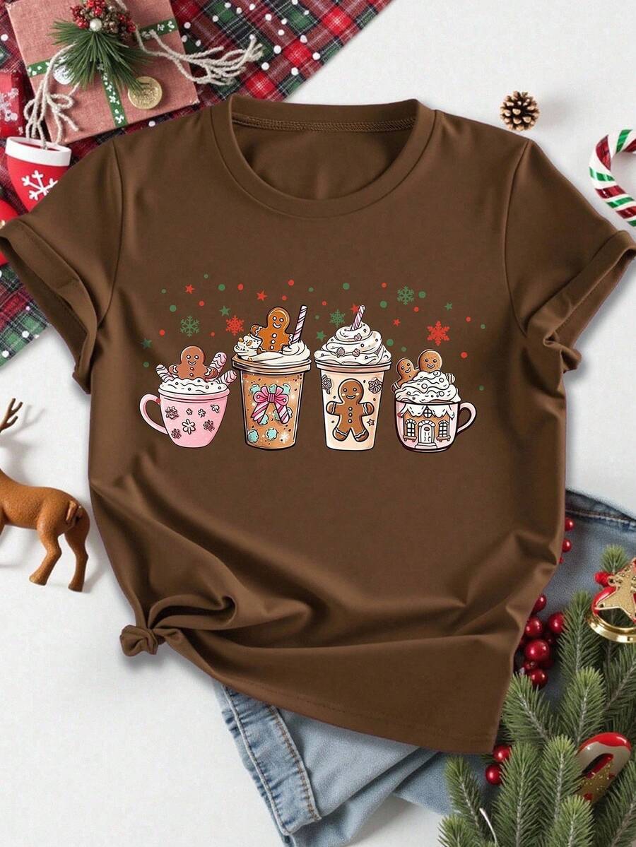 EMERY ROSE Women's Gingerbread Print Round Neck Casual Fitted Short ...