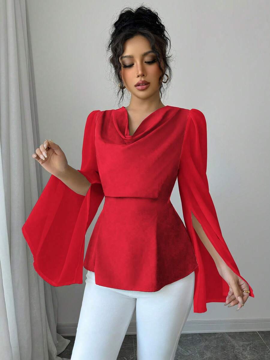 Selianne Elegant Women's Swing Collar Draped Splice Cinched Waist Sheer ...