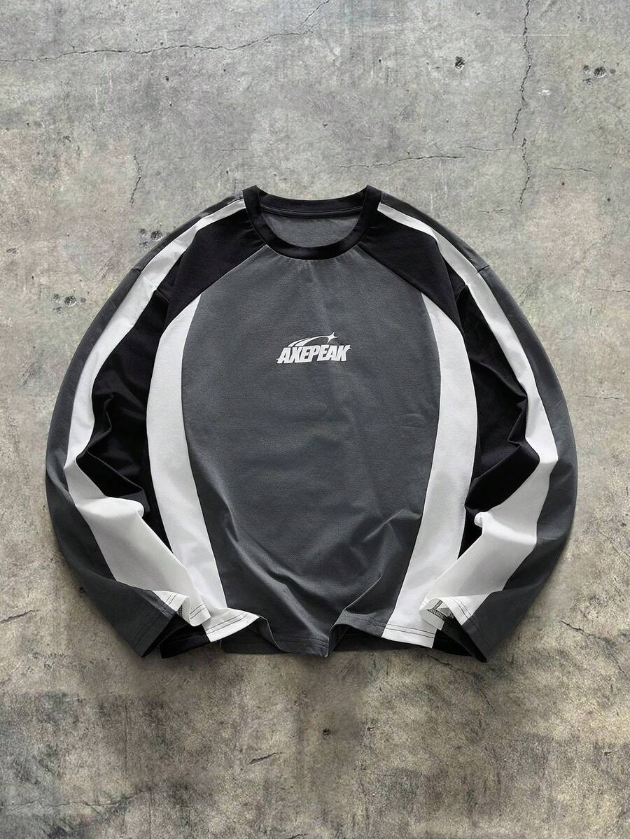 AXEPEAK Men's Casual Colorblock Letter Print T-Shirt, Autumn | SHEIN USA