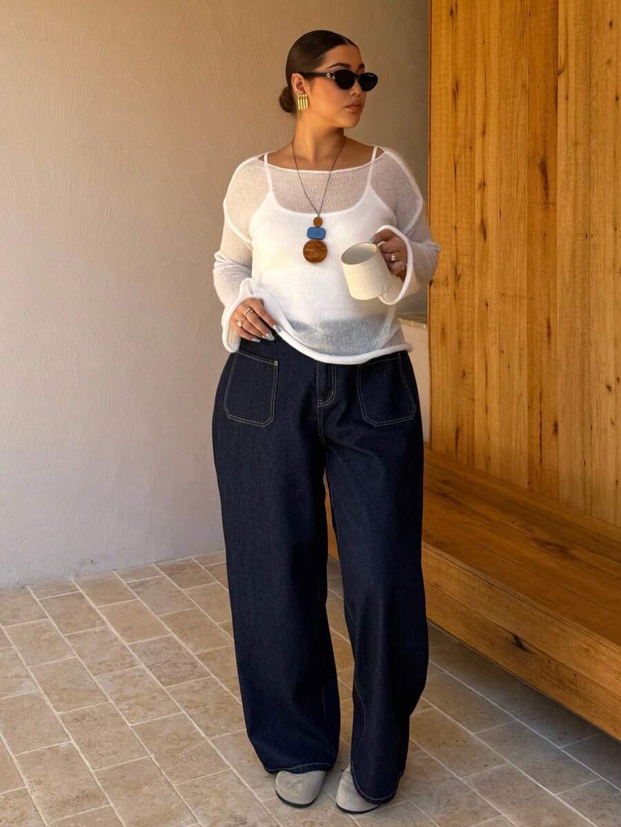 SHEIN Tall CURVE Damen Jeans in Große Größen mit Taschen-Design, weites ...