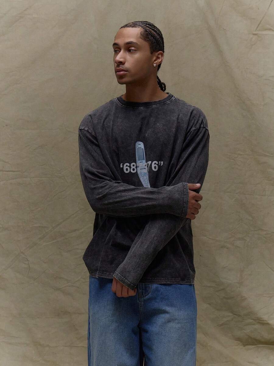Musero Long Sleeve Washed Boxy Oversized Crewneck Graphic T-Shirt ...