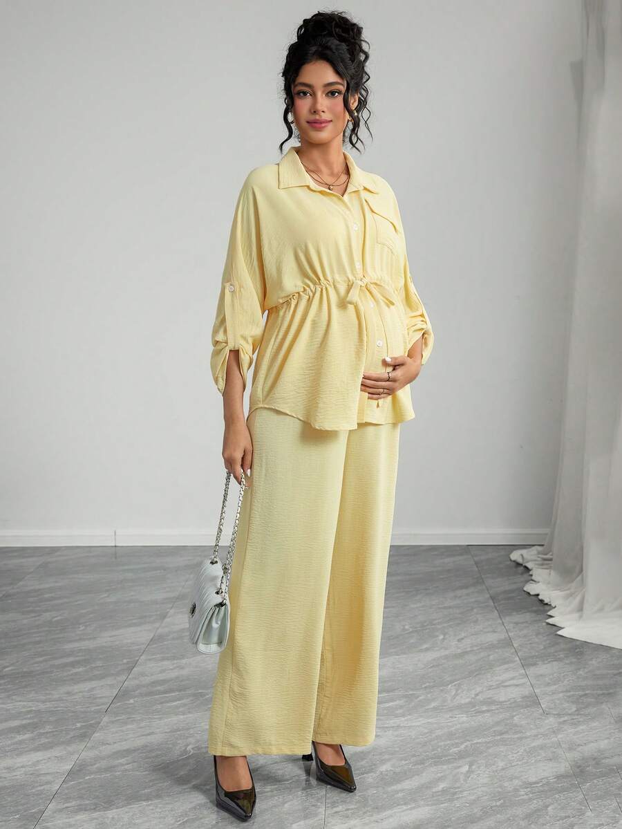 Momance 2pcs Solid Color Casual Elegant Snap Button Drawstring Tie Waist Pants Maternity Set ...