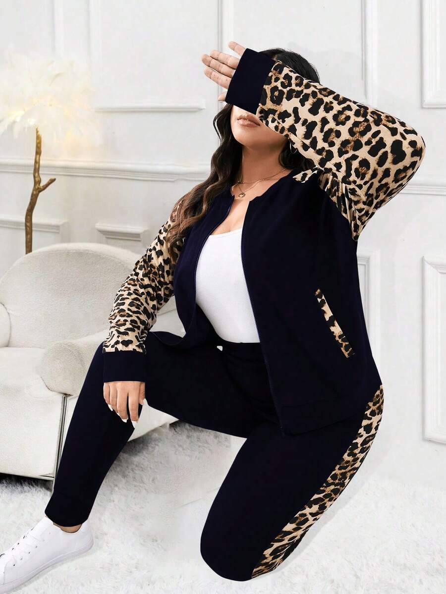 SHEIN LUNE Plus Size Leopard Print Patchwork Jacket And Pants 2 Pieces ...
