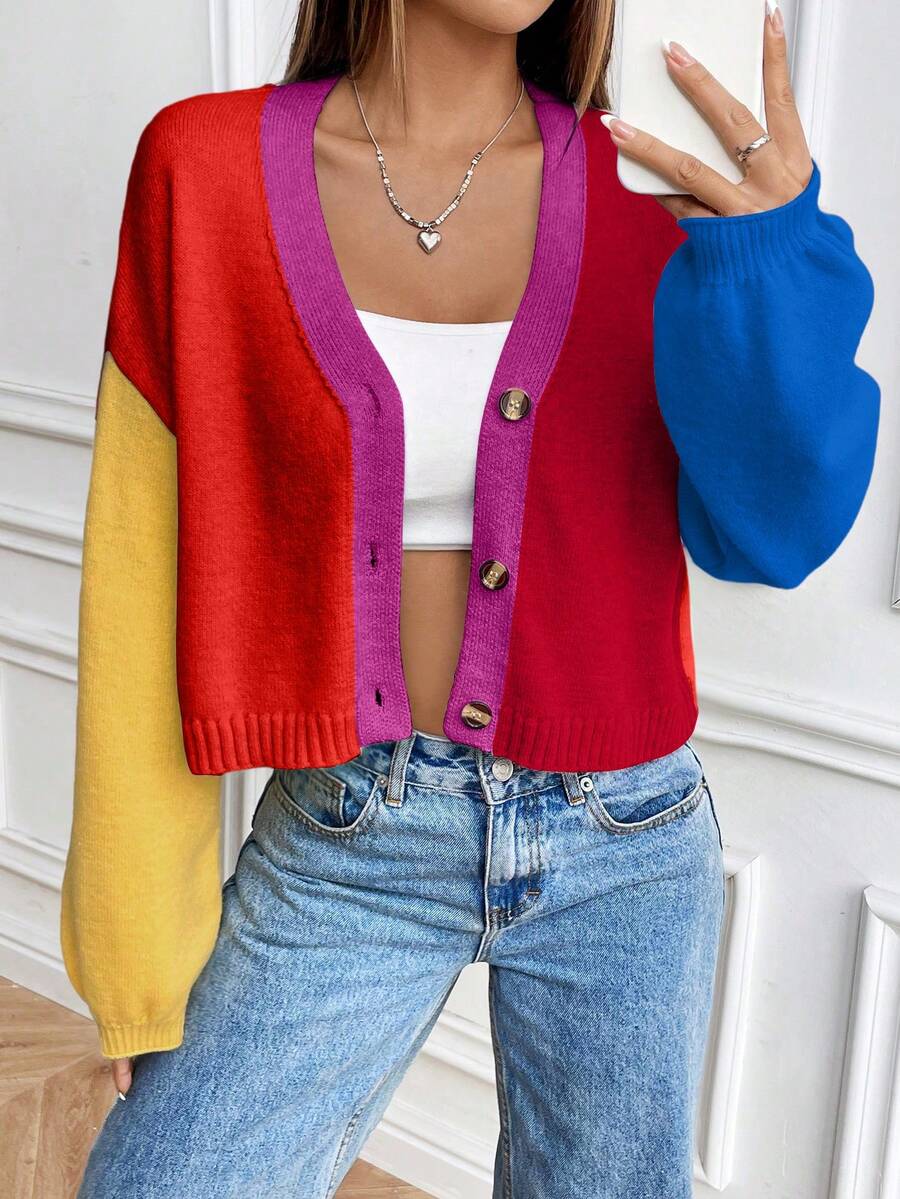 EMERY ROSE Cárdigan corto holgado de color contrastante, chaqueta de ...