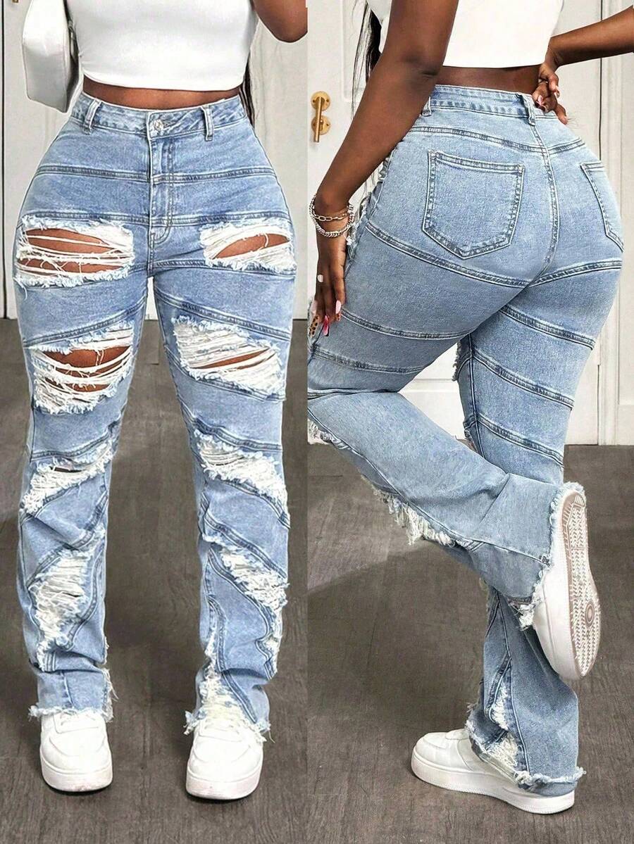 SHEIN SXY Jeans rotos de mujer de talla grande para invierno, vaquera ...