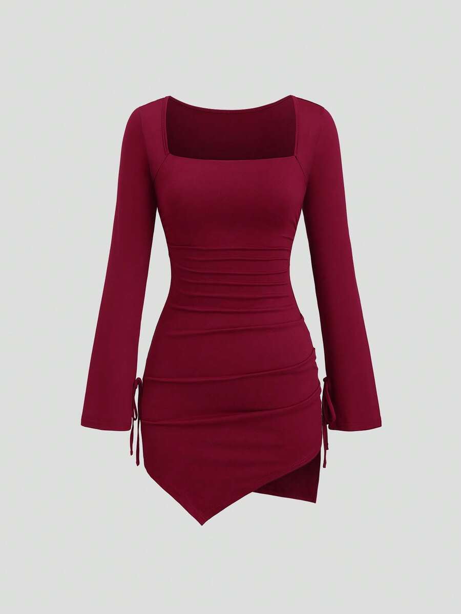 Sweetra Petite Vintage Fashion Wine Red Casual Versatile Square Collar ...