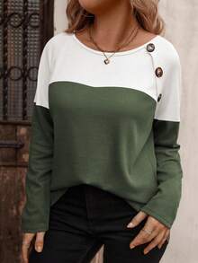 EMERY ROSE Women's Plus Size Round Neck Long Sleeve Colorblock T-Shirt ...