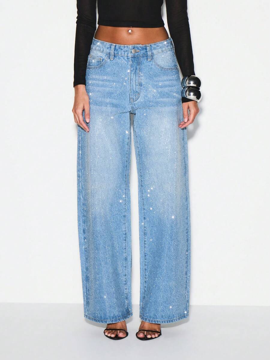 KIZN High Rise Wide Leg Diamante Embellished Jeans With Sparkle Details ...