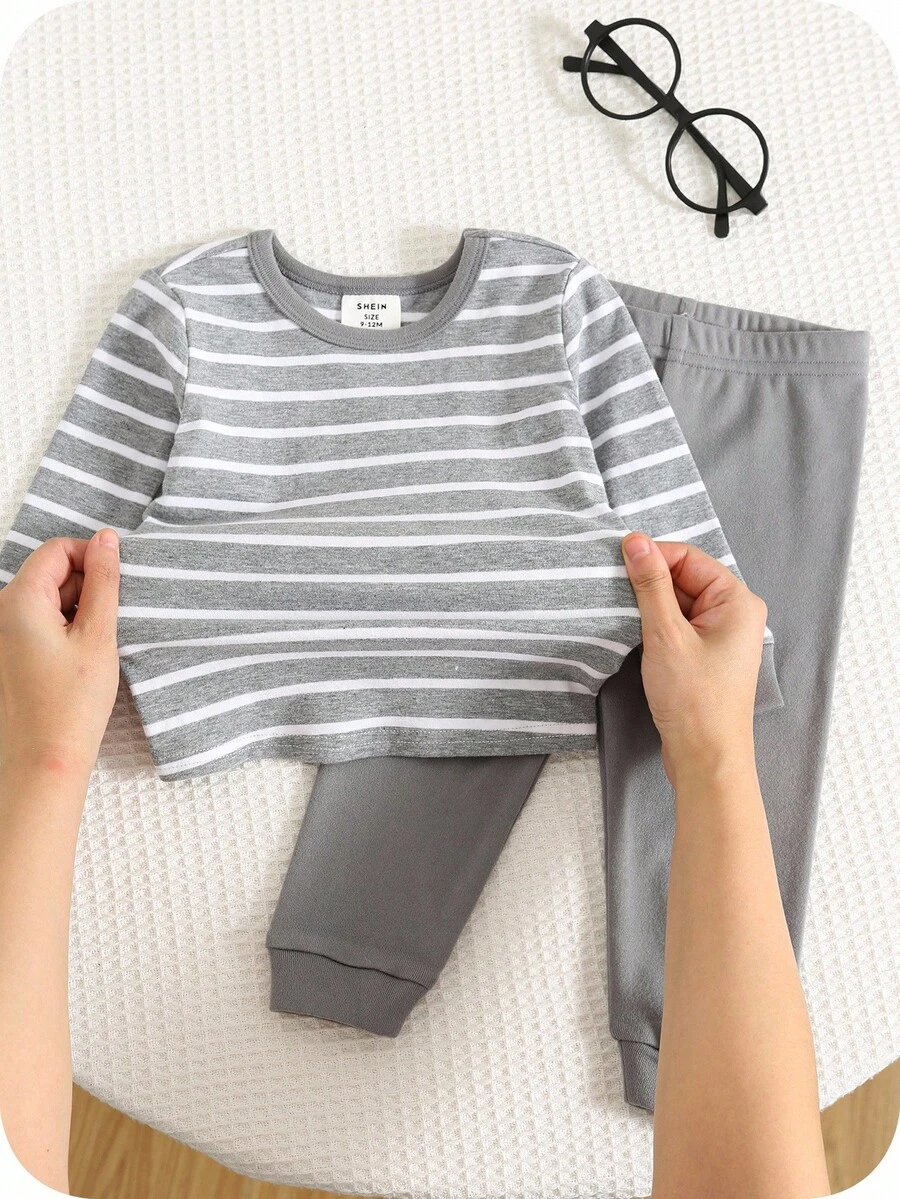 SHEIN Baby/Toddler Unisex Gray Striped Solid Color Cute Casual ...